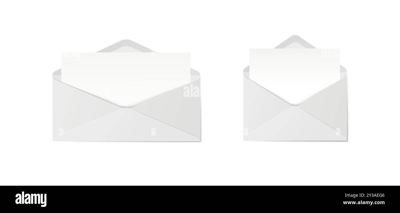 Set of realistic white envelopes in different positions. Folded and unfolded envelope backpack ...