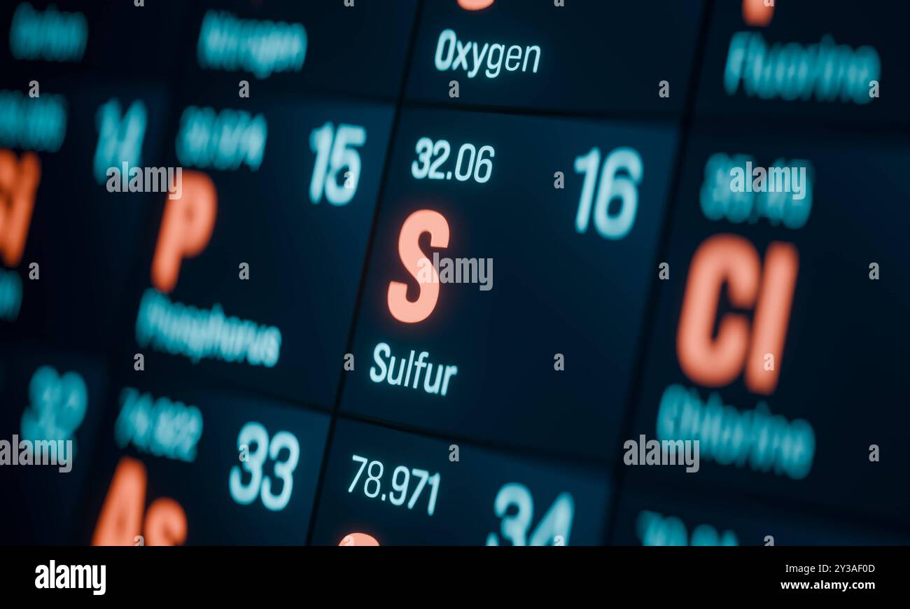 Sulfur, periodic table element. Sulfur, microcrystals, periodic table ...