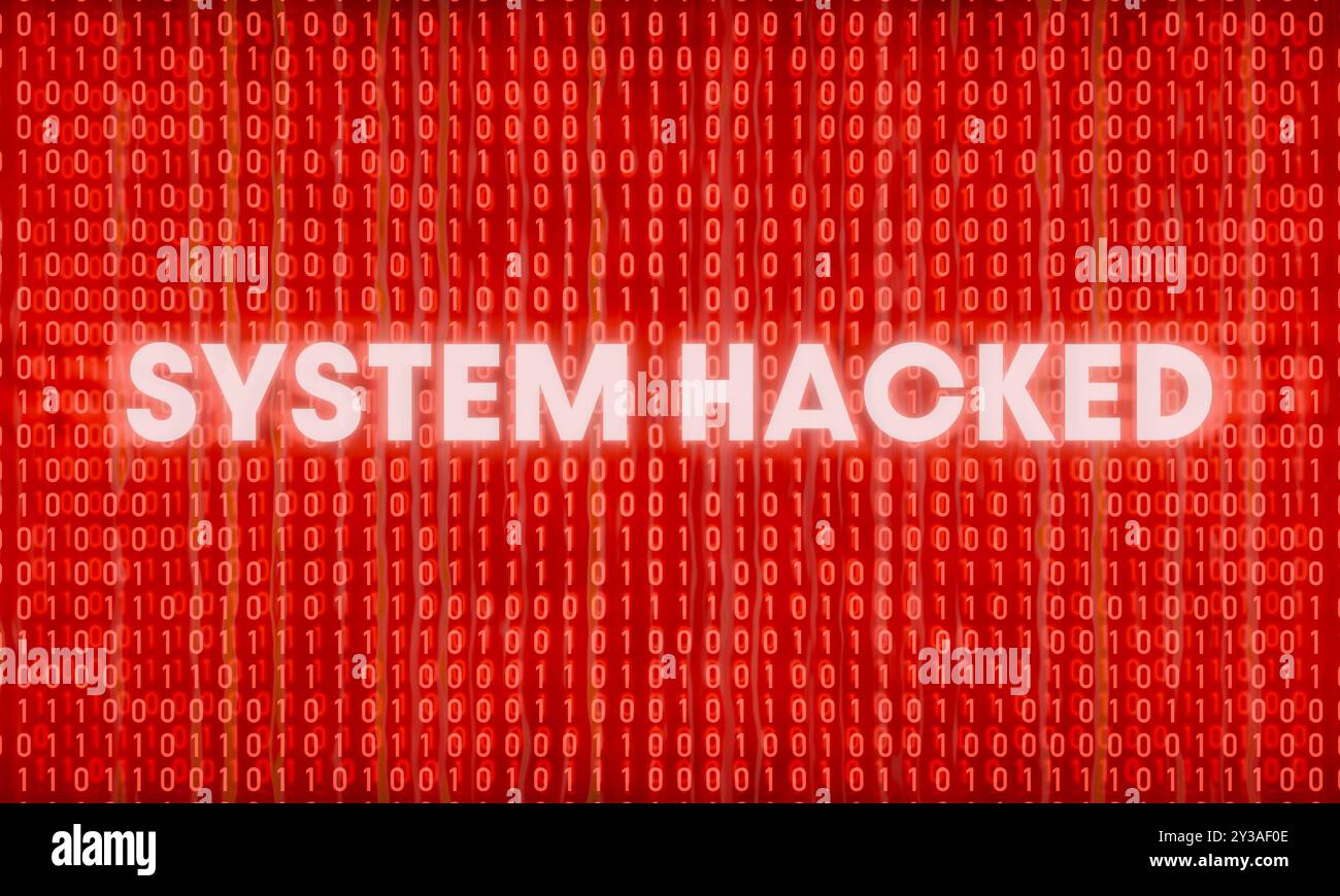 System Hacked Warning Sign System Hacked White Illuminated Text Binary Code Lines And