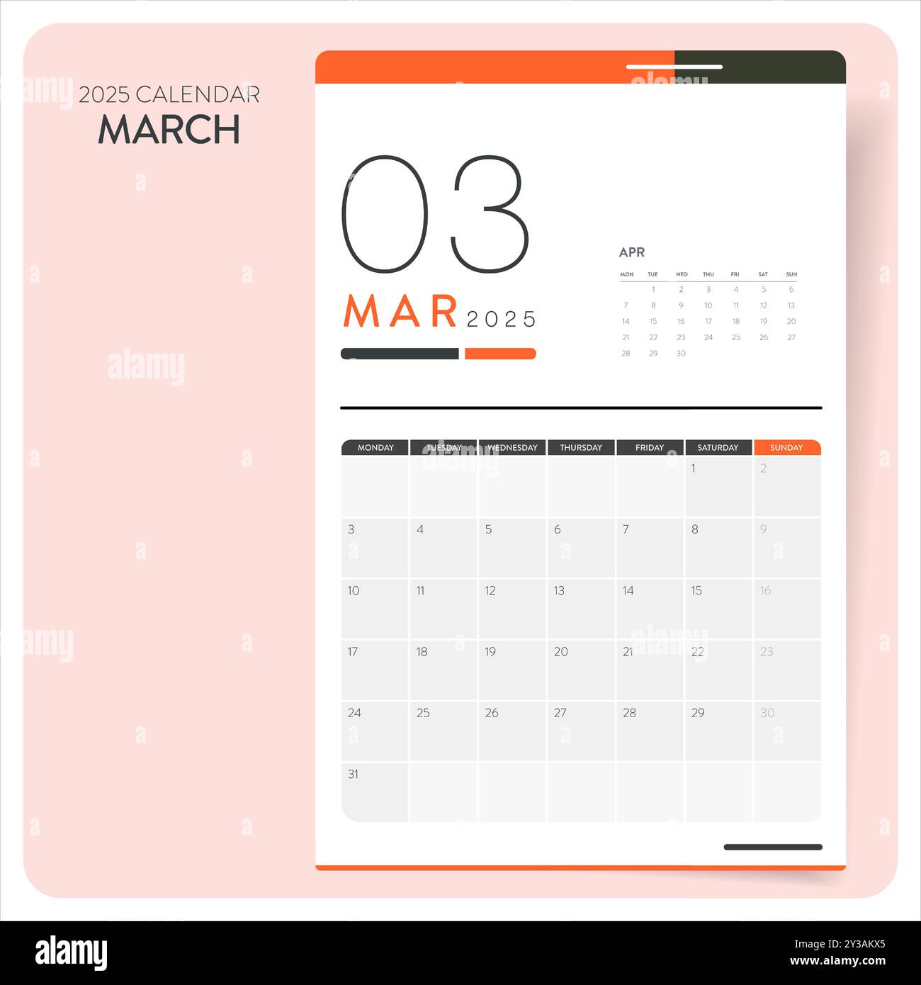 Calendar March 2025 template vector. Desk, wall calender for print ...