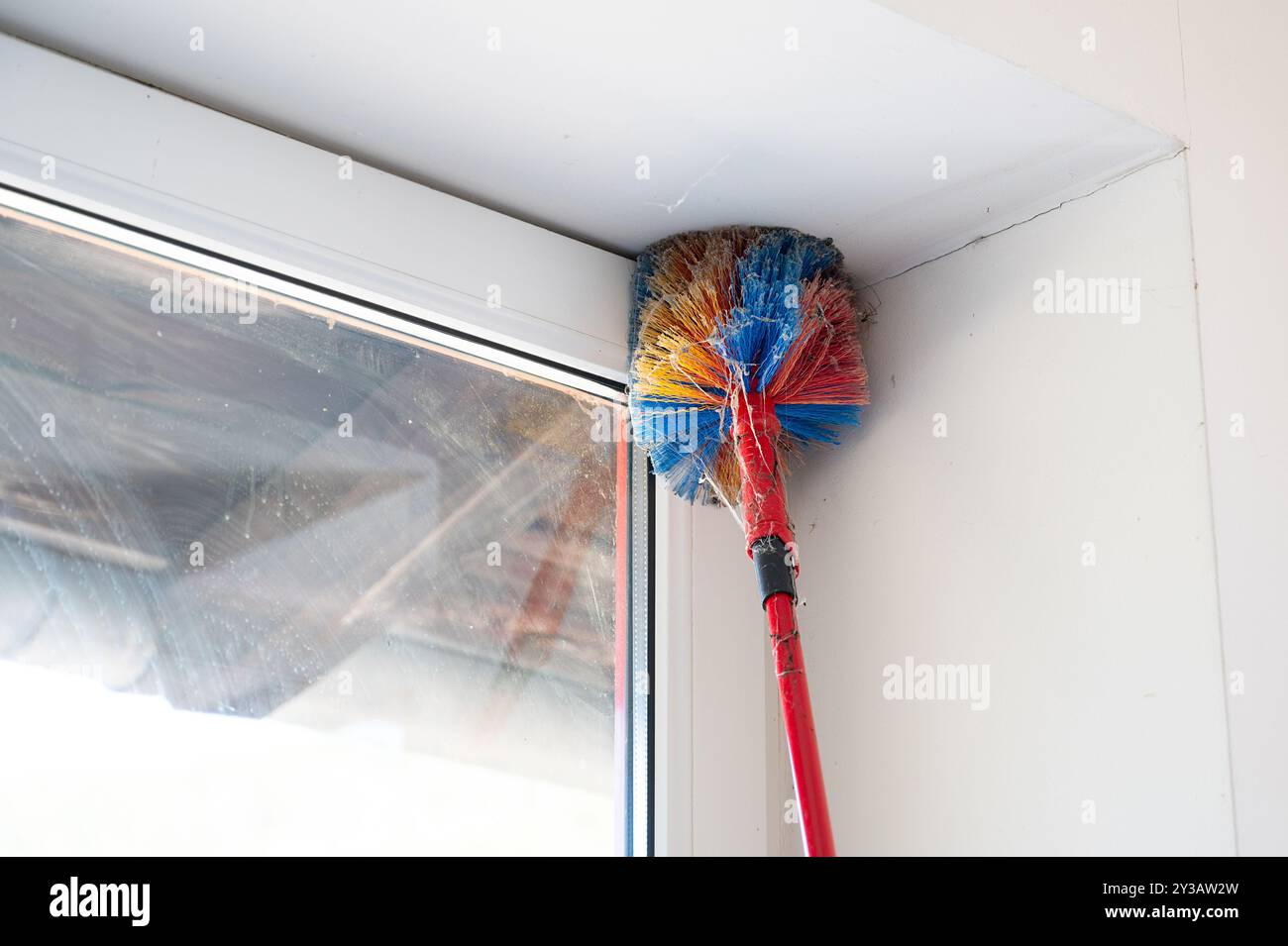 Remove cobwebs with a spider sweeper from the wall corner and window ...