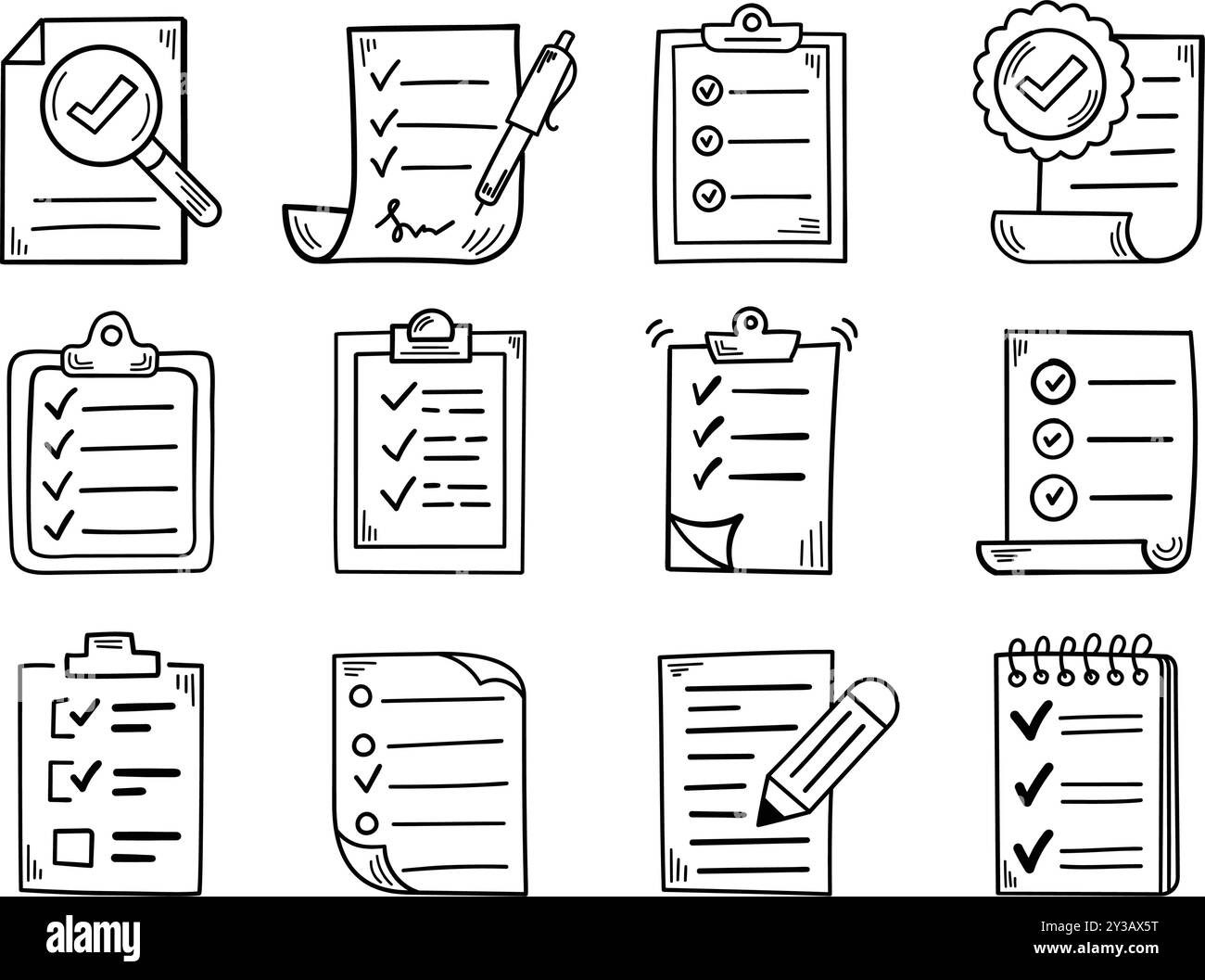 Hand drawn memo paper sheet icon set in flat style. Checklist vector ...