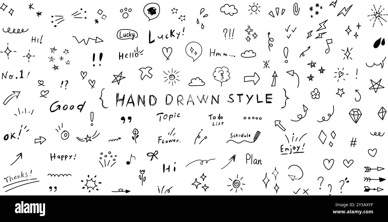Hand drawn doodles icon in flat style. Speech bubbles, arrows and ...