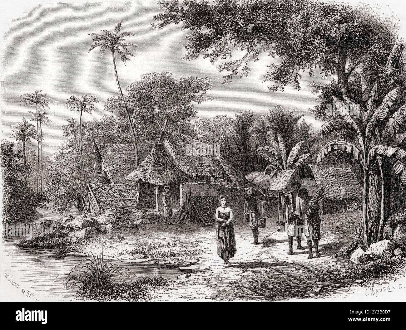 View of a village in the interior of Java, Indonesia, 19th century. Seen during the Novara ...