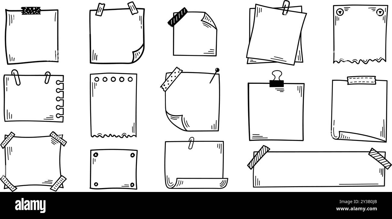 Hand drawn memo paper sheet icon set in flat style. Doodle sketch ...