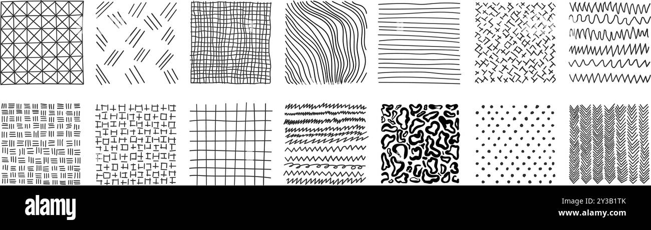Hand drawn patterns in square icons set in flat style. Doodle sketch ...