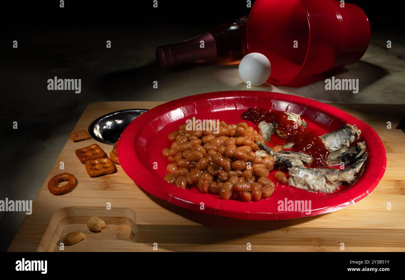 Baked beans, sardines drowing in ketchup, pretzels and nuts for a cheap ...