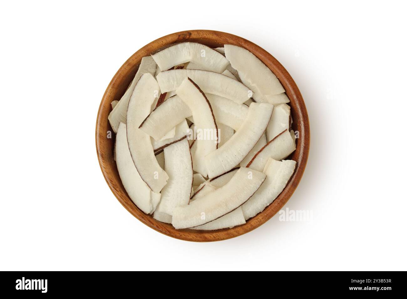Dehydrated coconut flakes in wooden bowl on white background Stock ...