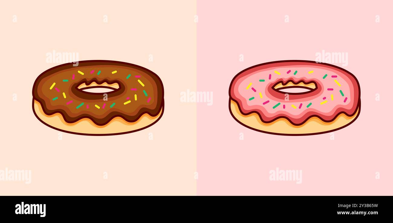 Two Donuts Vector Illustration: Chocolate and Pink Frosting Stock Vector Image & Art - Alamy