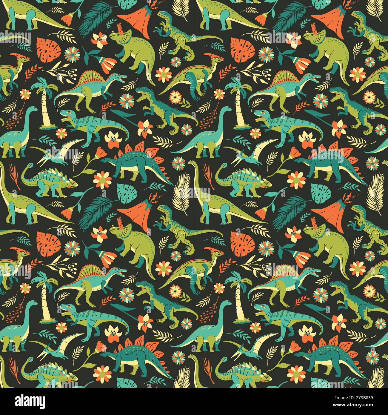 Seamless pattern with bright dinosaurs and green plants including T-rex ...