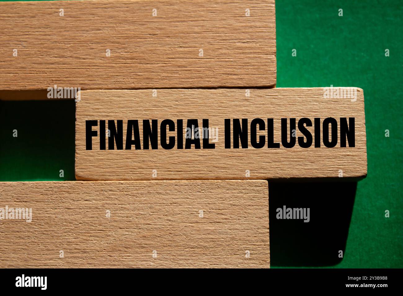 Financial inclusion message written on wooden block with green ...