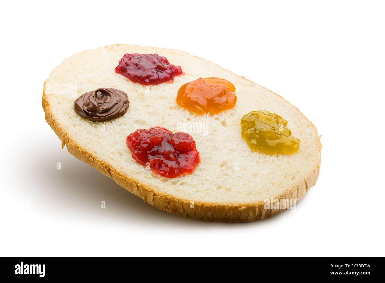 Slice of white bread with variety of jam spread on white background ...