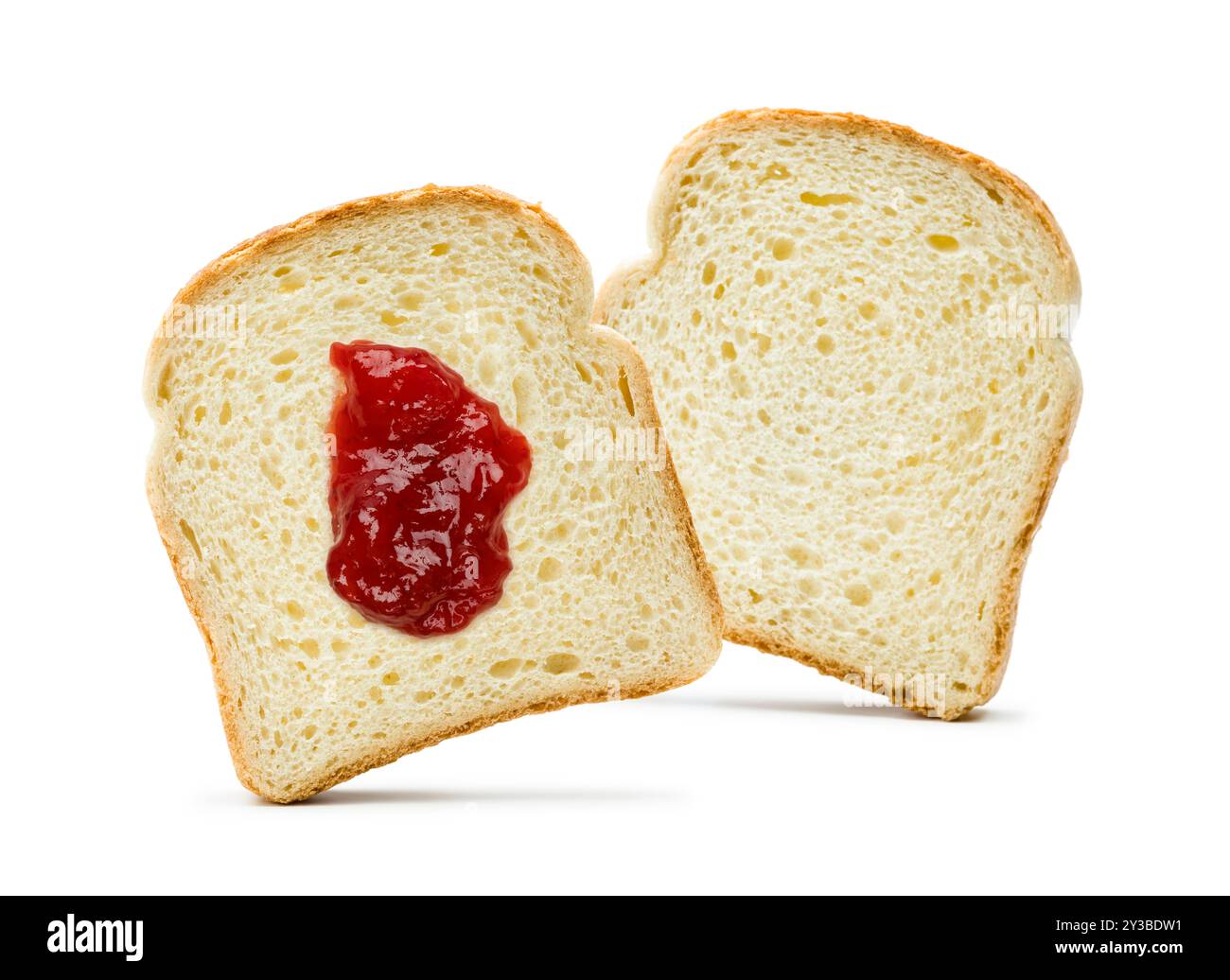 Slices of white bread with strawberry jam spread on white background ...