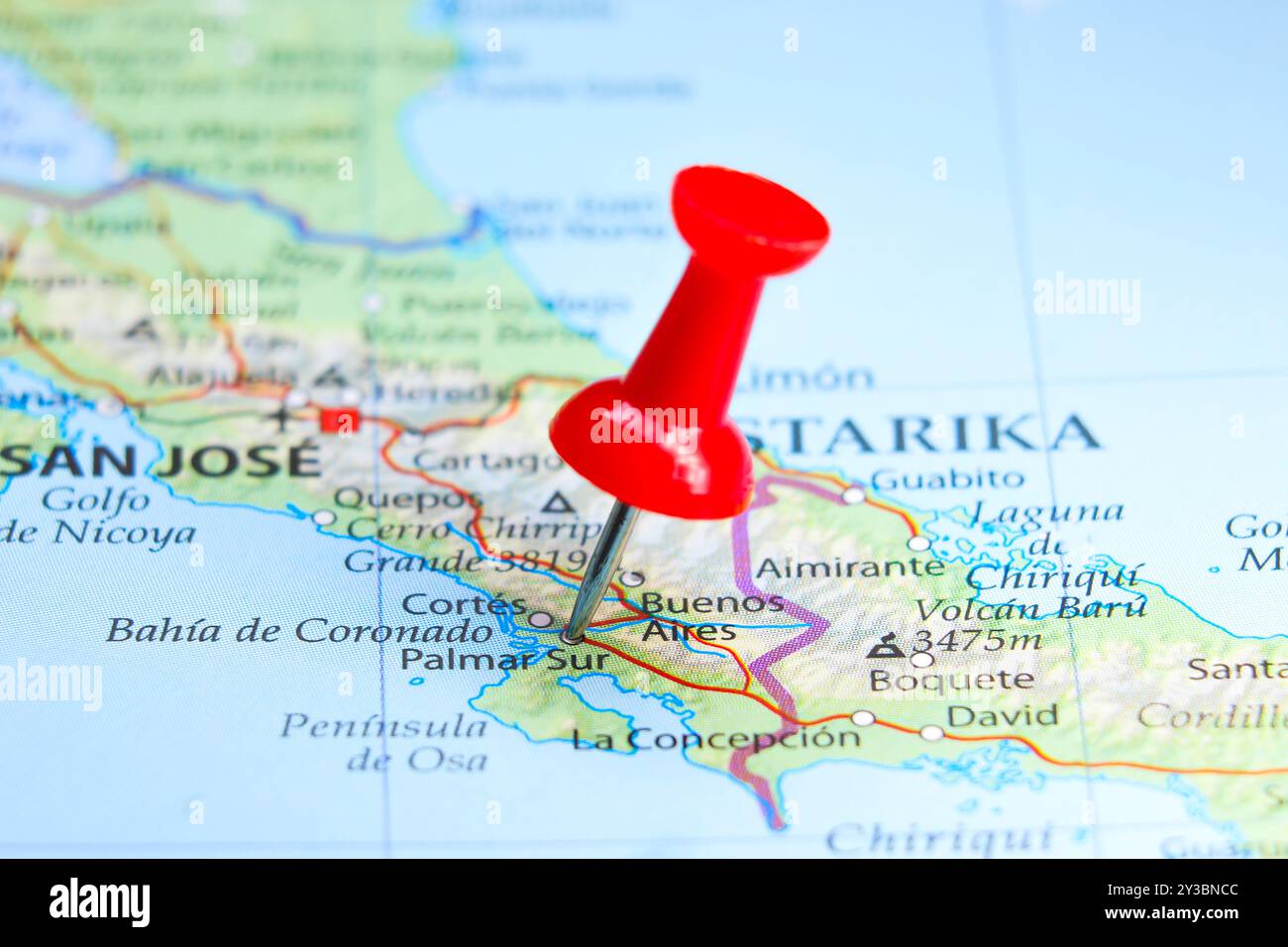 Palmar Sur, Costa Rica pin on map Stock Photo - Alamy