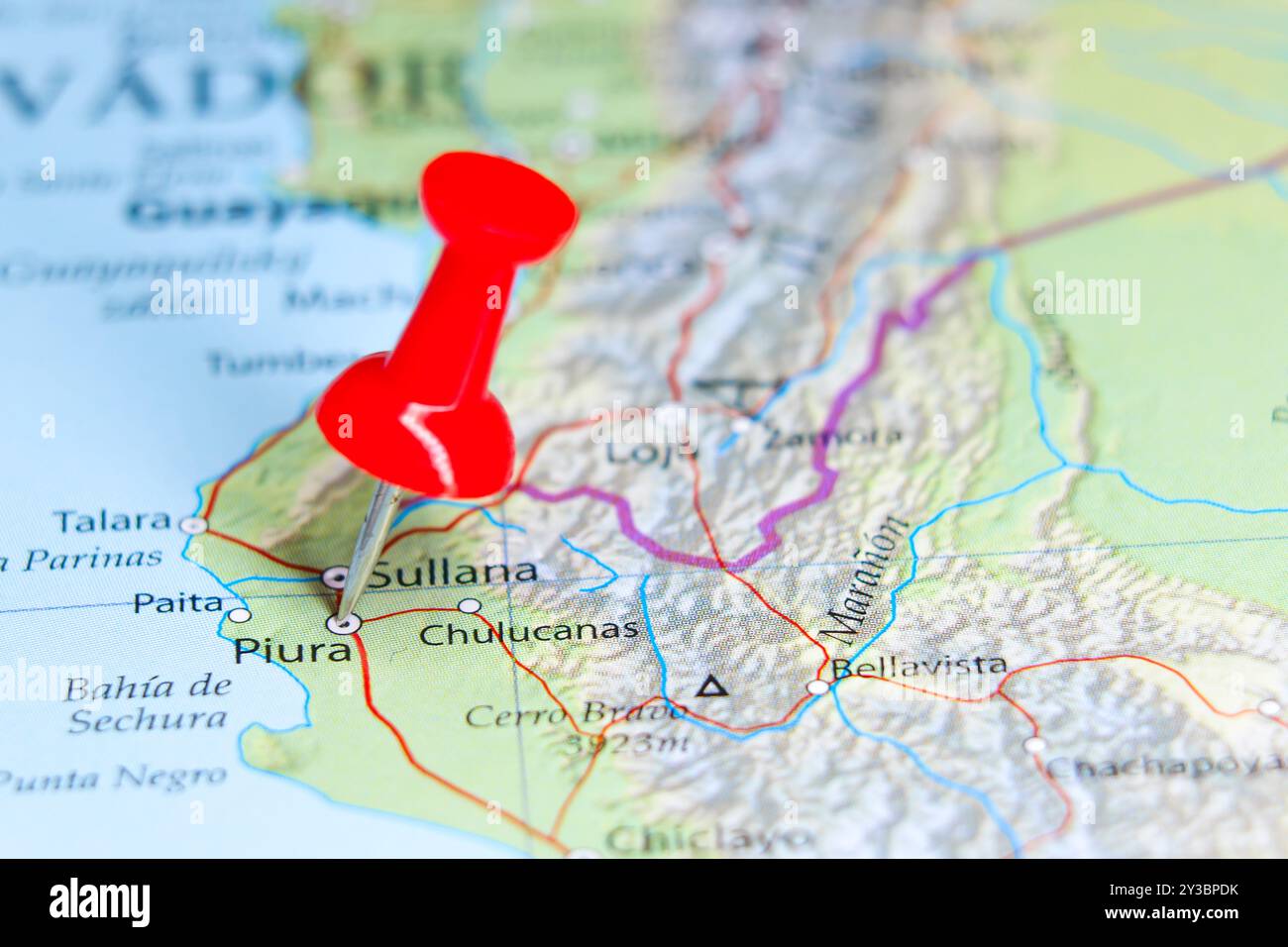 Piura, Peru pin on map Stock Photo - Alamy