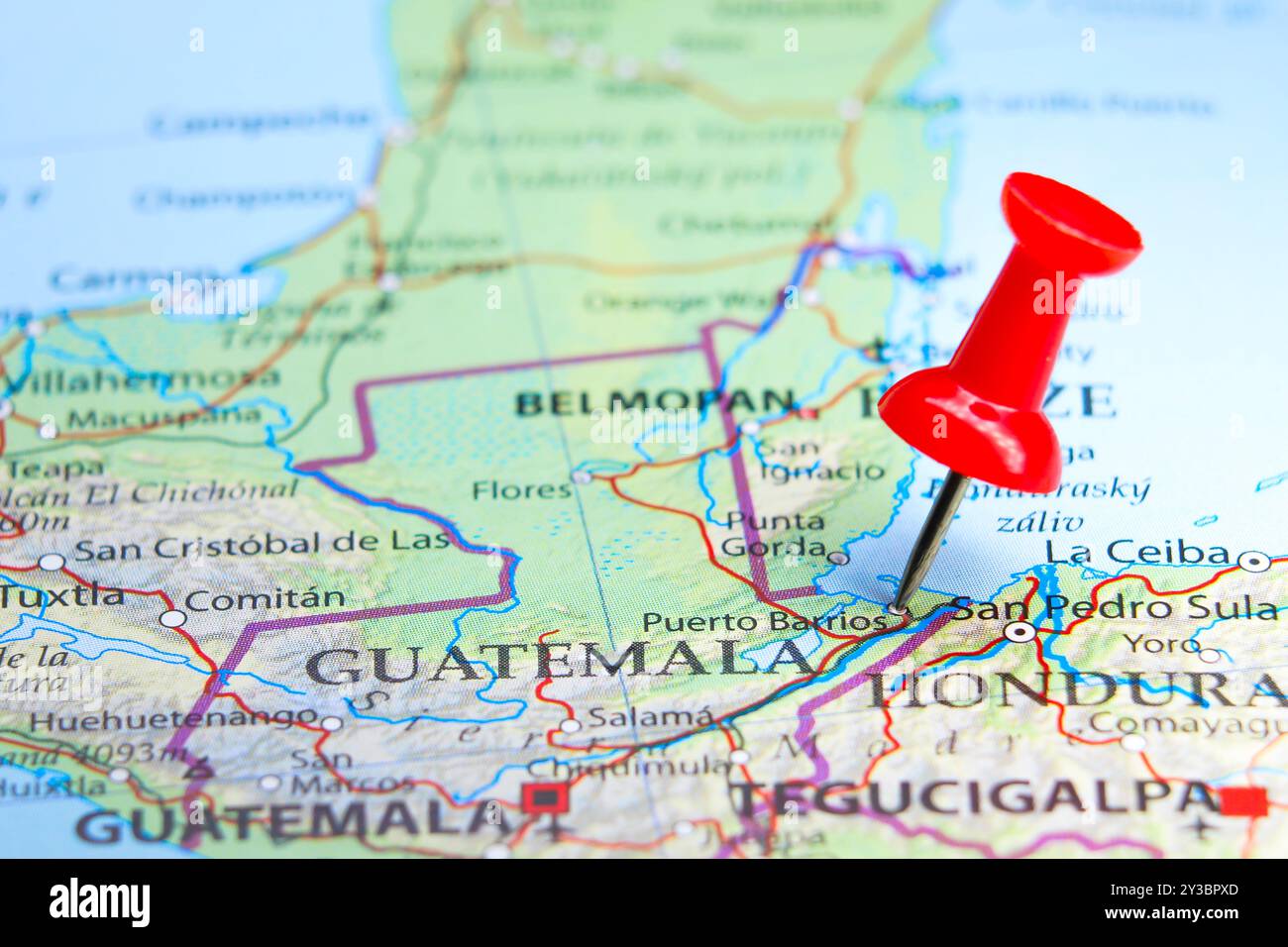 Puerto Barrios, Guatemala pin on map Stock Photo - Alamy
