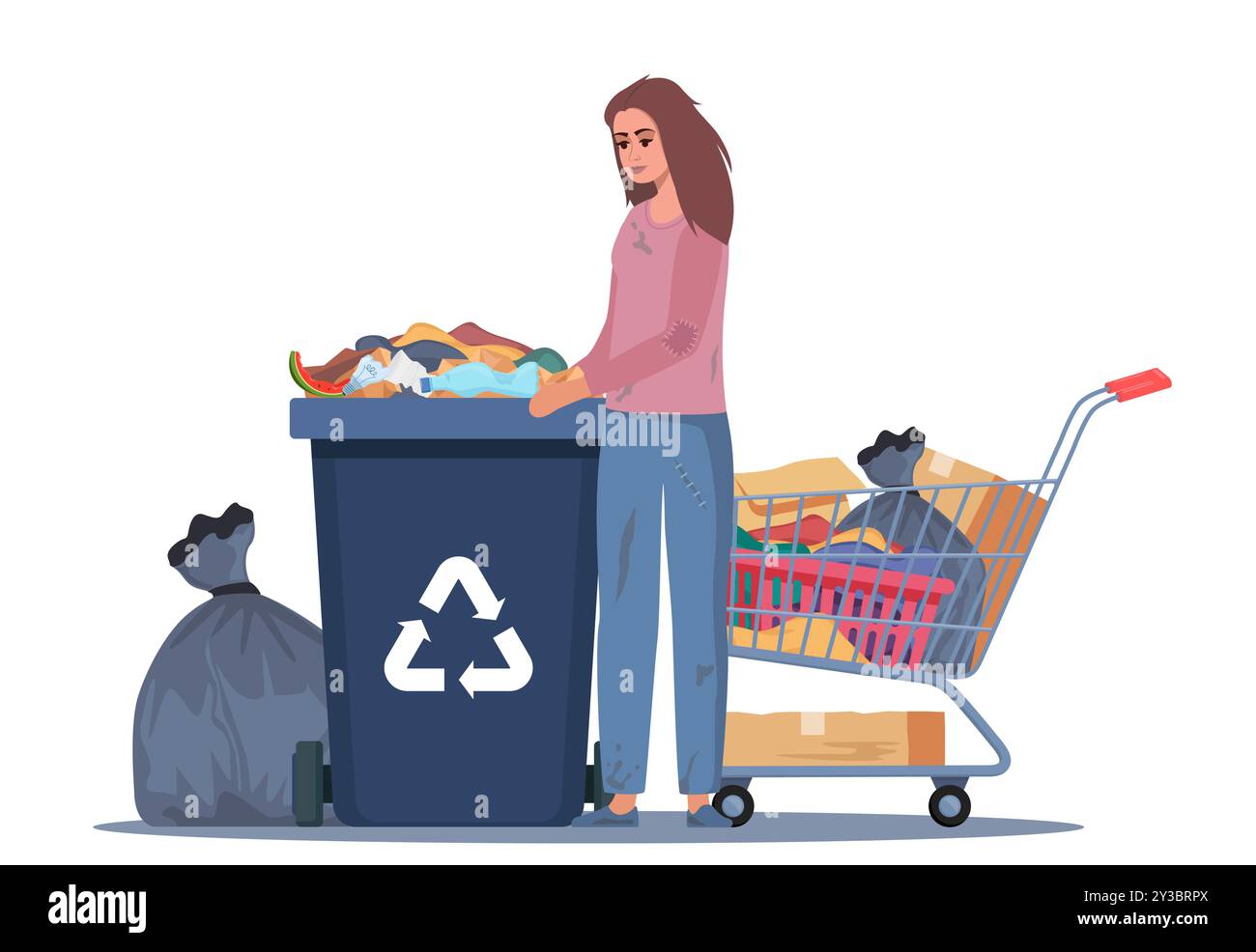 Homeless vagrant person looking for food and things in dirty trash can ...