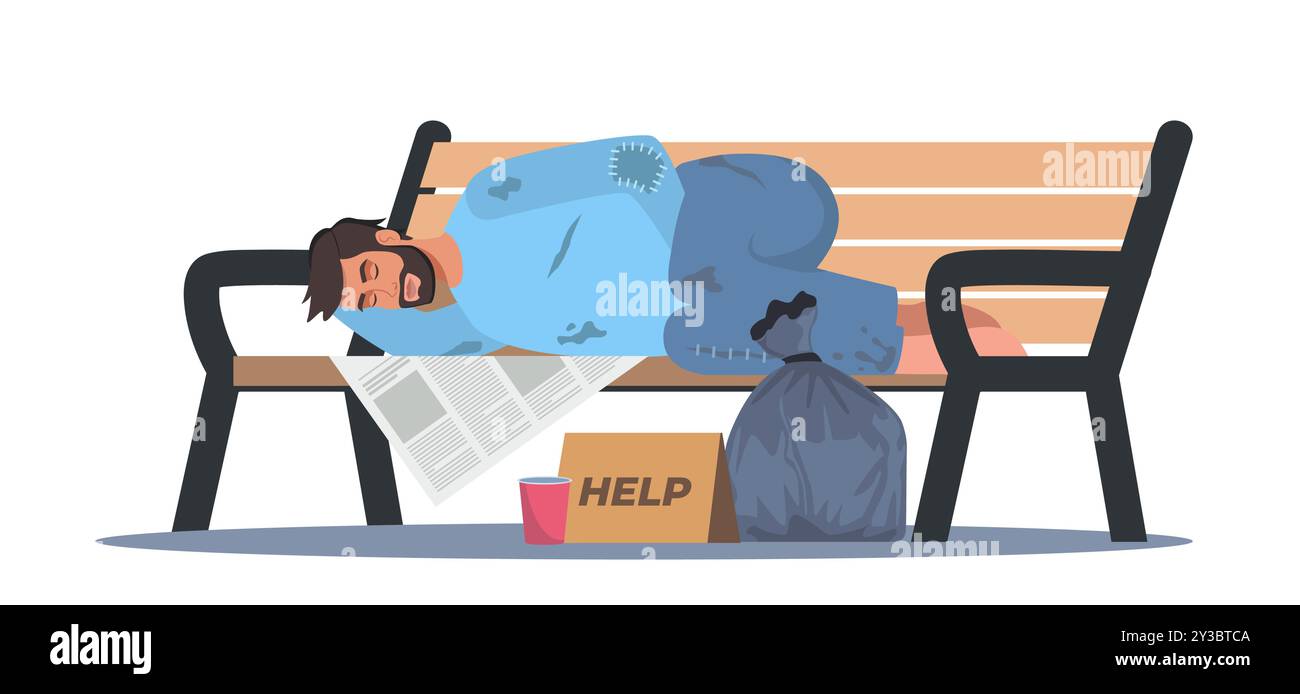 Poor bum male character in dirty ragged clothes sleeping on bench. Man ...