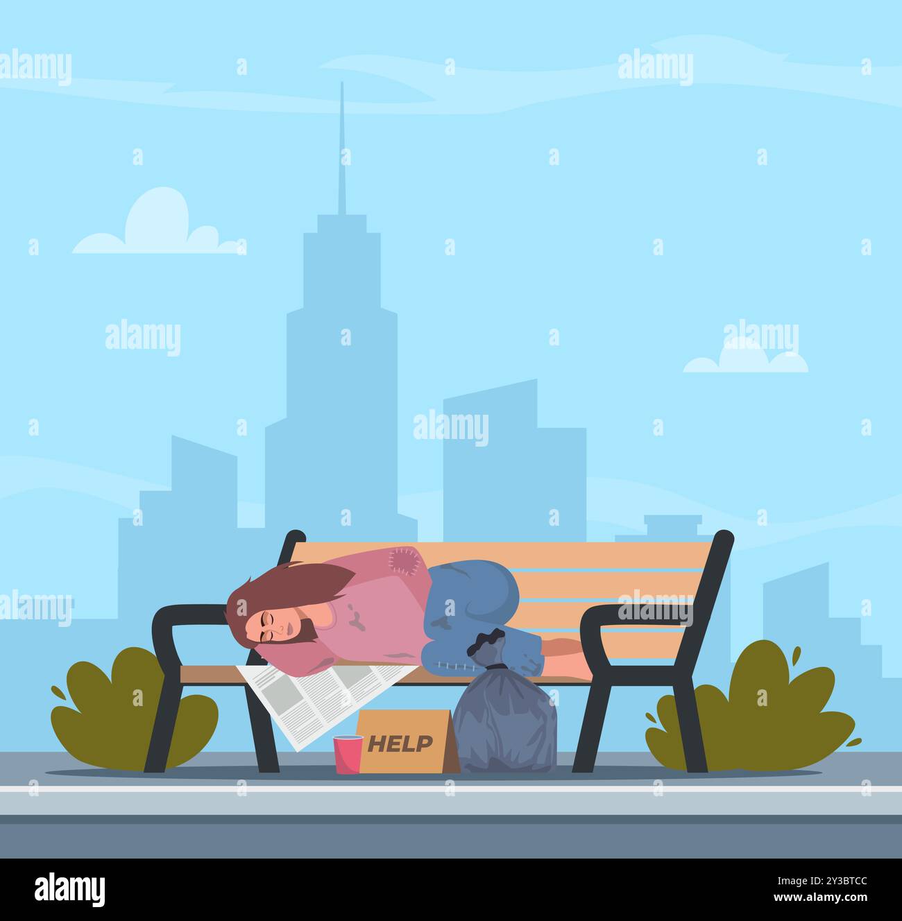 Poor bum female character in dirty ragged clothes sleeping on bench ...