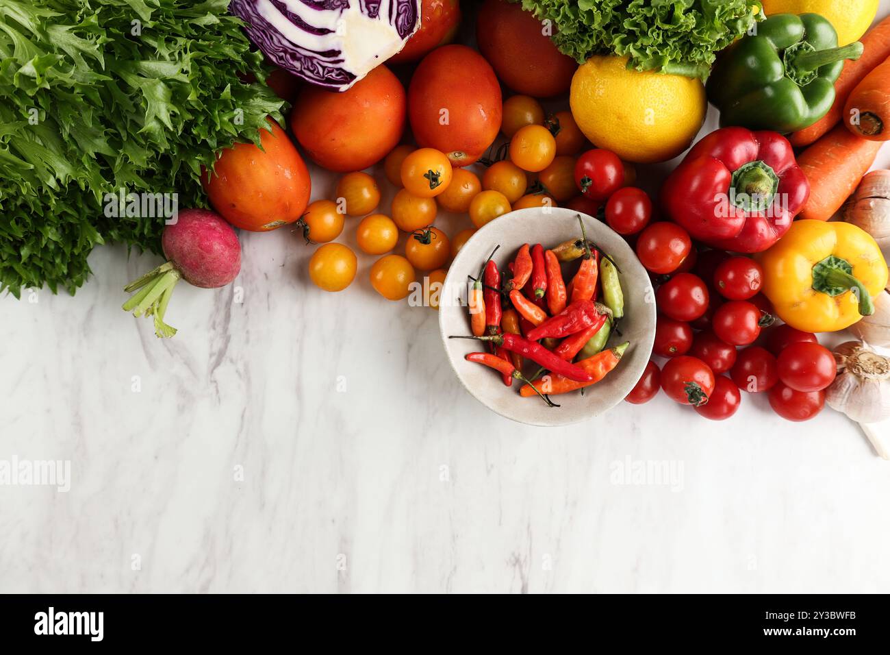 Vegan Vegetable Background Frame on Marble Table. Endive, Paprika ...