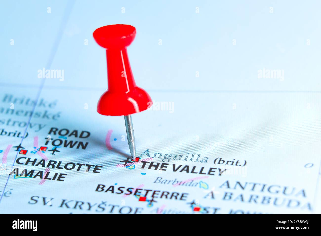 The Valley, Anguilla pin on map Stock Photo - Alamy