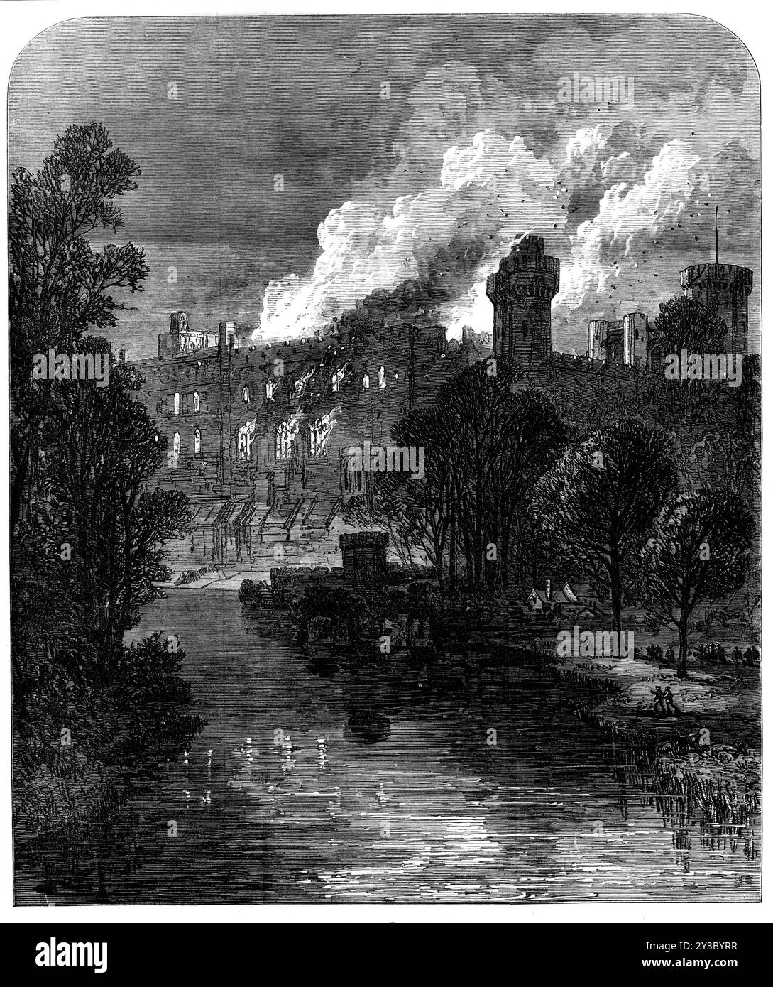The Burning of Warwick Castle, 1871. Engraving '...from a sketch made ...