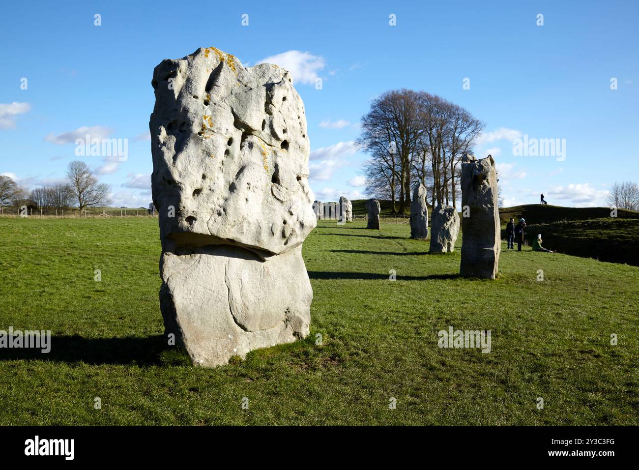 Historic standing stones in Avebury, surrounded by grass and trees ...