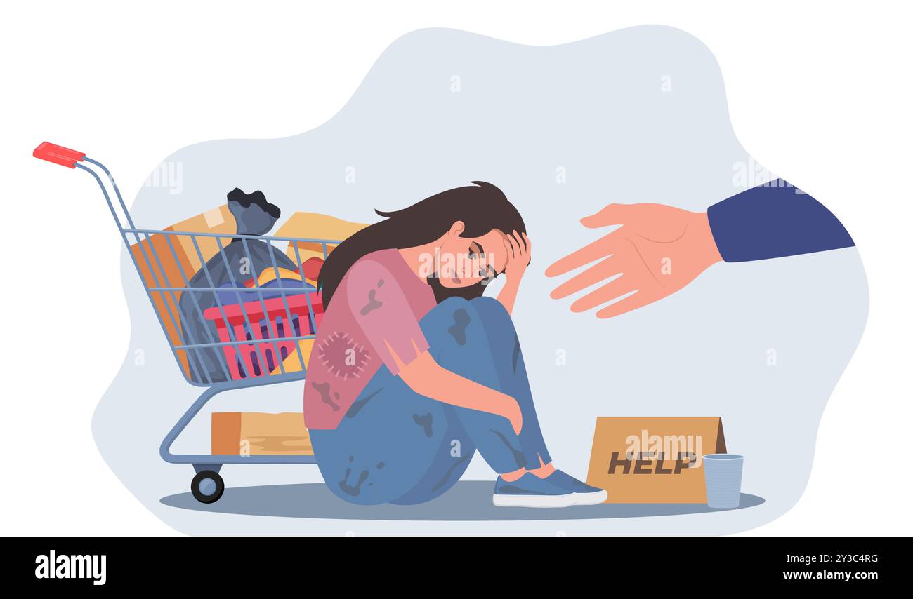 Hand reaching towards upset homeless woman in ragged clothes sitting on ...