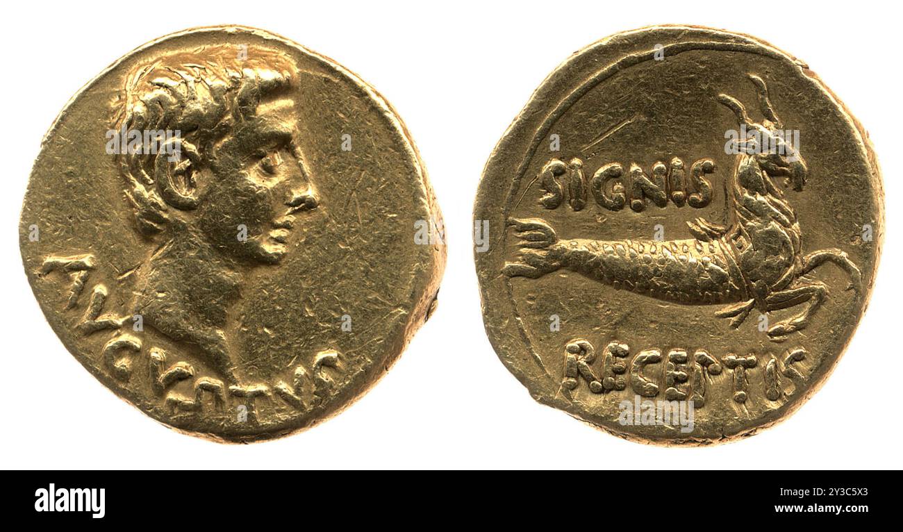 Gold coin of Augustus (Octavian). Head of Augustus (obverse), Capricorn ...