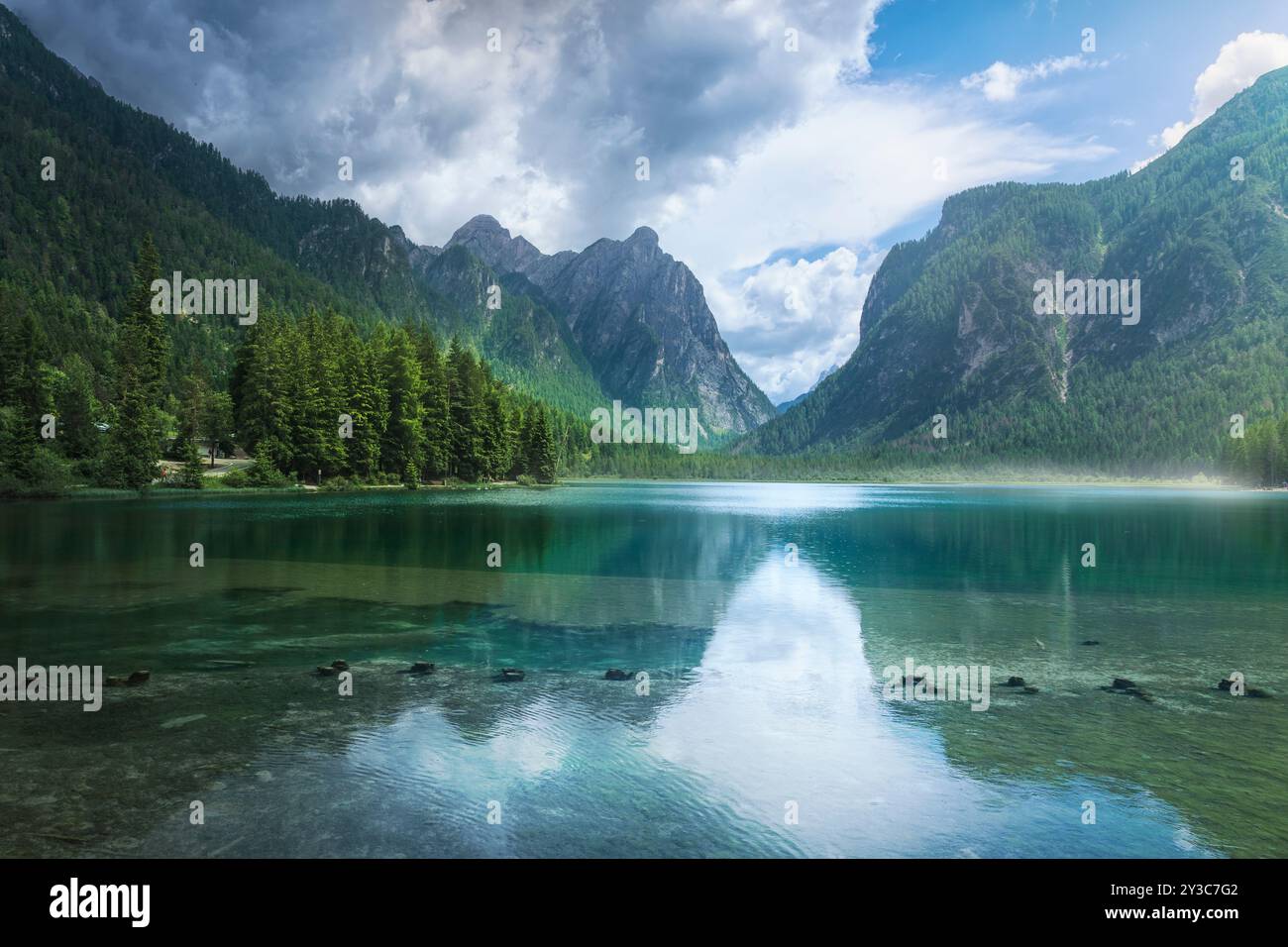 Landscape of Lake Dobbiaco or Toblacher See in the Dolomites. The ...