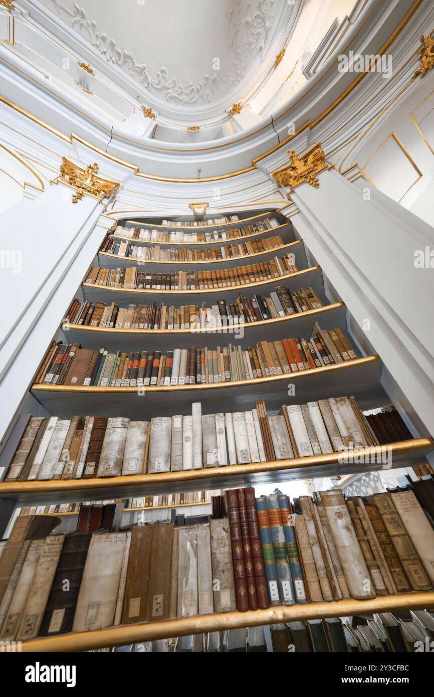 Close-up of high bookshelves in a historic library room, Weimar ...