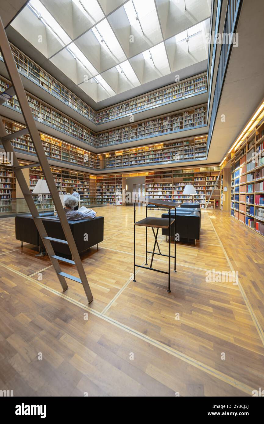 Modern library with high bookshelves, reading area and large windows ...