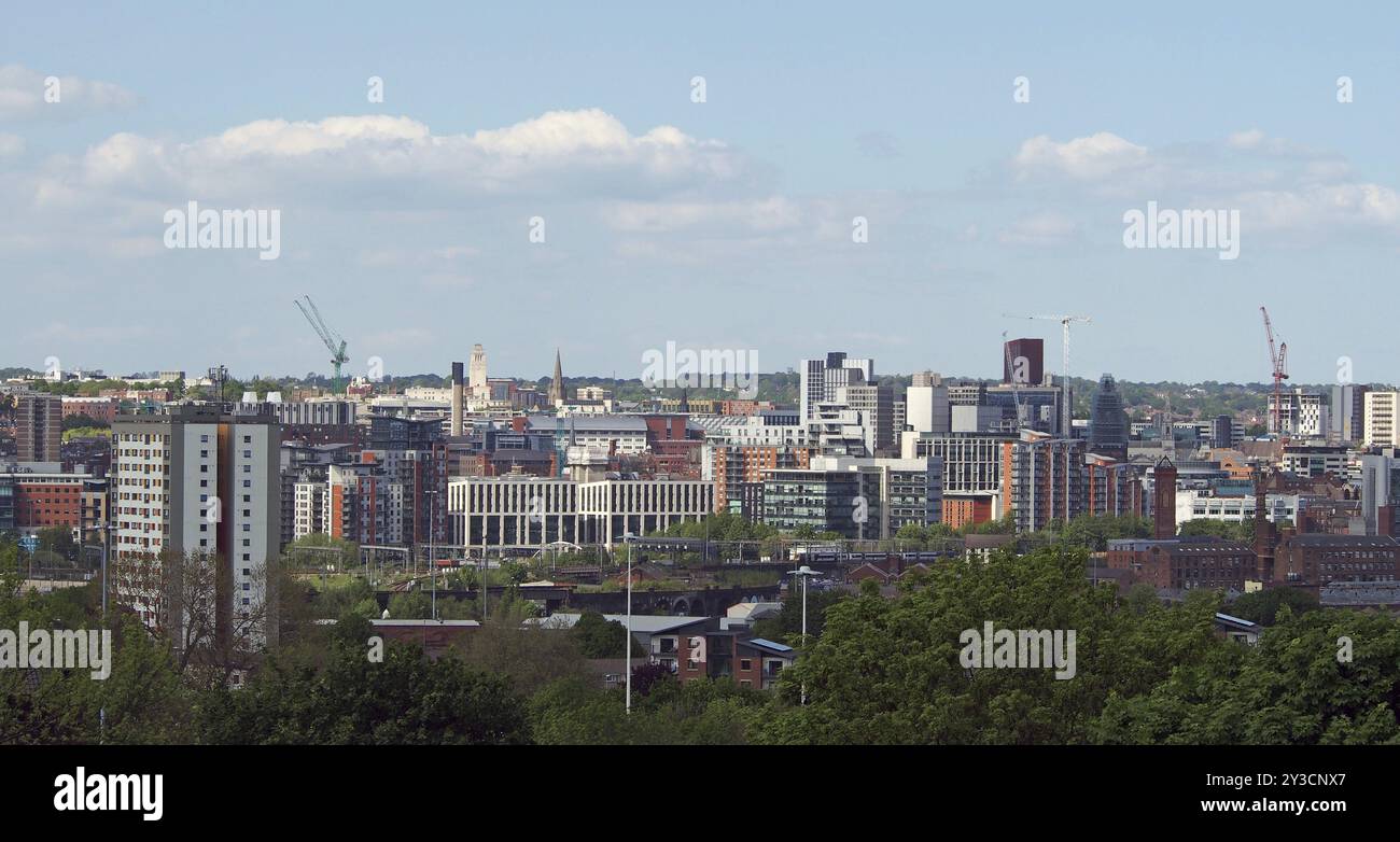 A wide cityscape view of leeds city centre taken from above showing ...