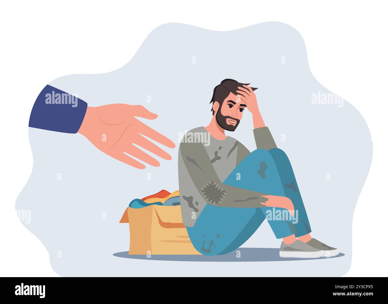 Hand reaching towards upset homeless man in ragged clothes sitting on ...