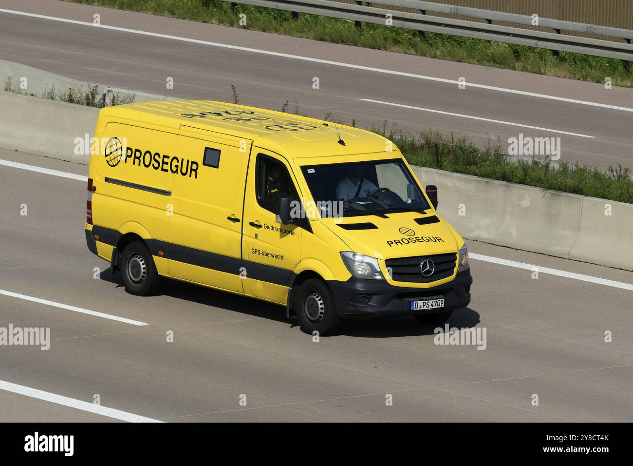 Prosegur money transporter drives on the A8 motorway, Germany, Europe ...