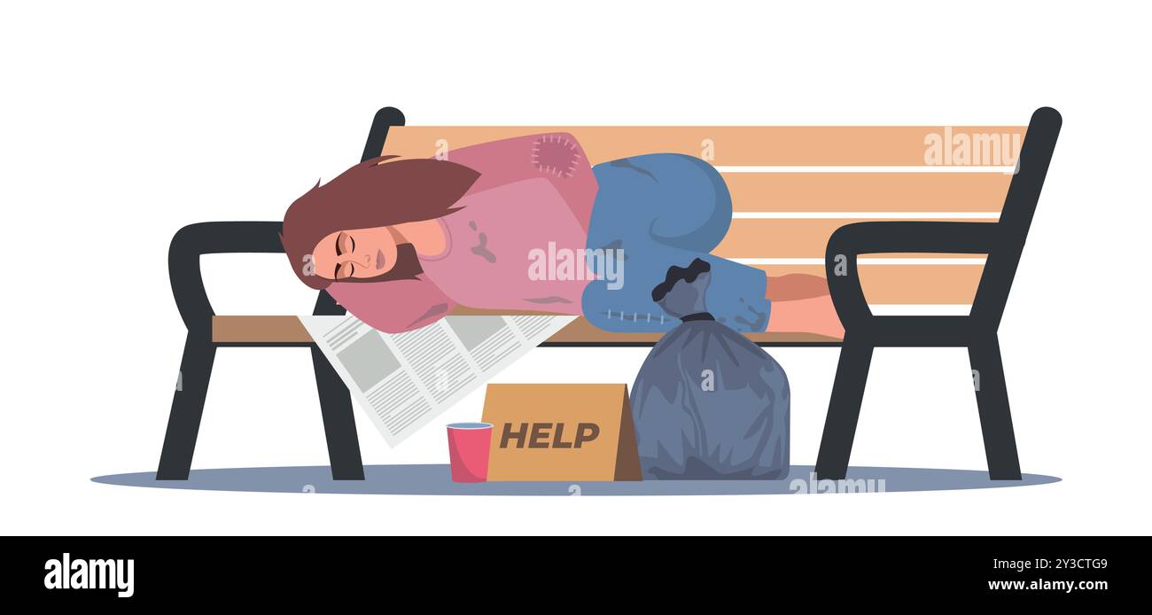 Poor bum female character in dirty ragged clothes sleeping on bench ...