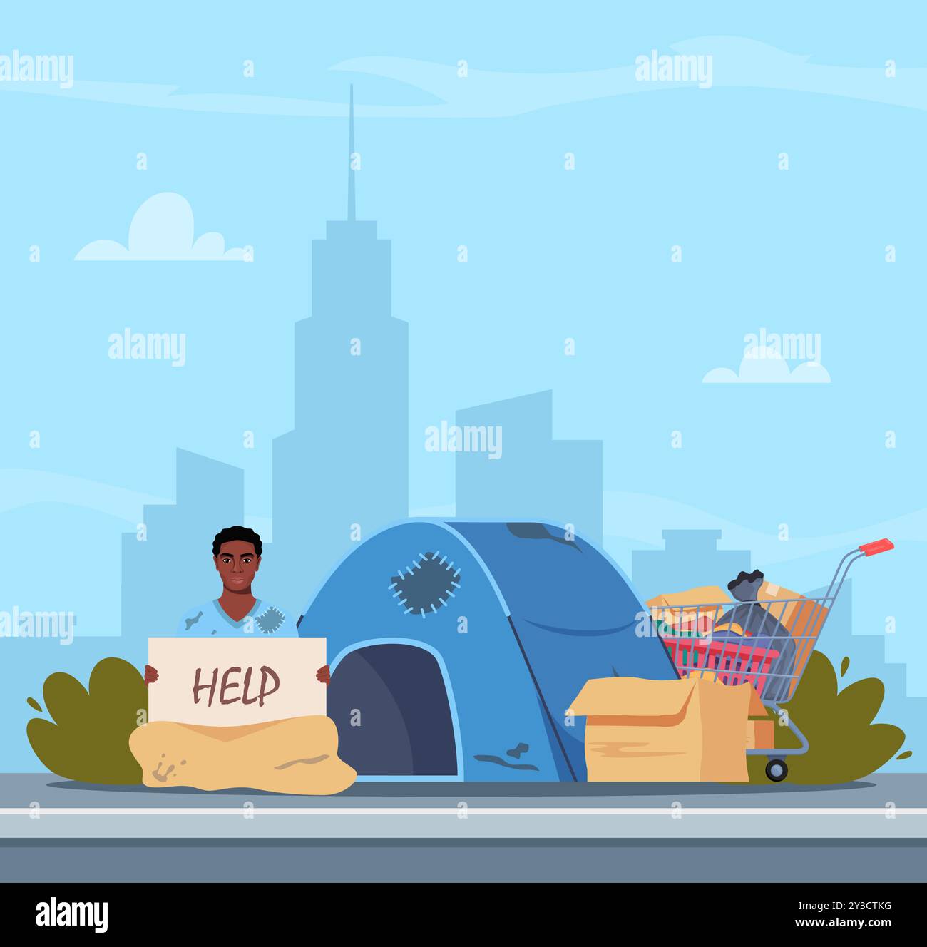 Homeless black man holding banner Help. Trolley cart with belongings ...