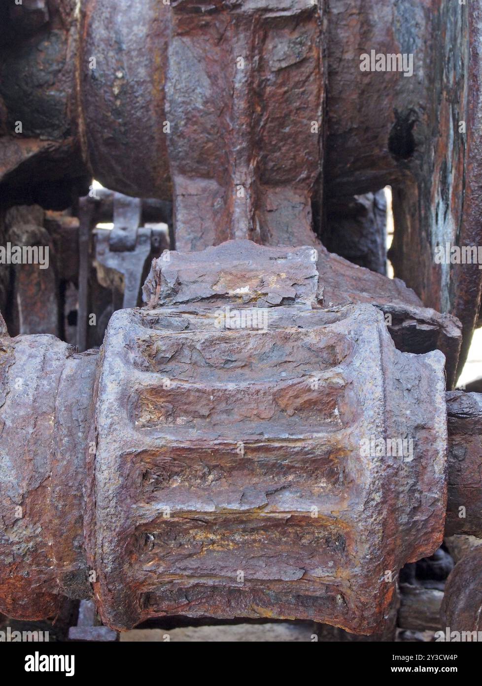 A close up of rusted cogs and gears on an old broken industrial machine ...