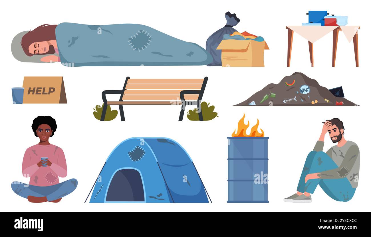 Homeless People live on the street, set of elements. Beggar character ...
