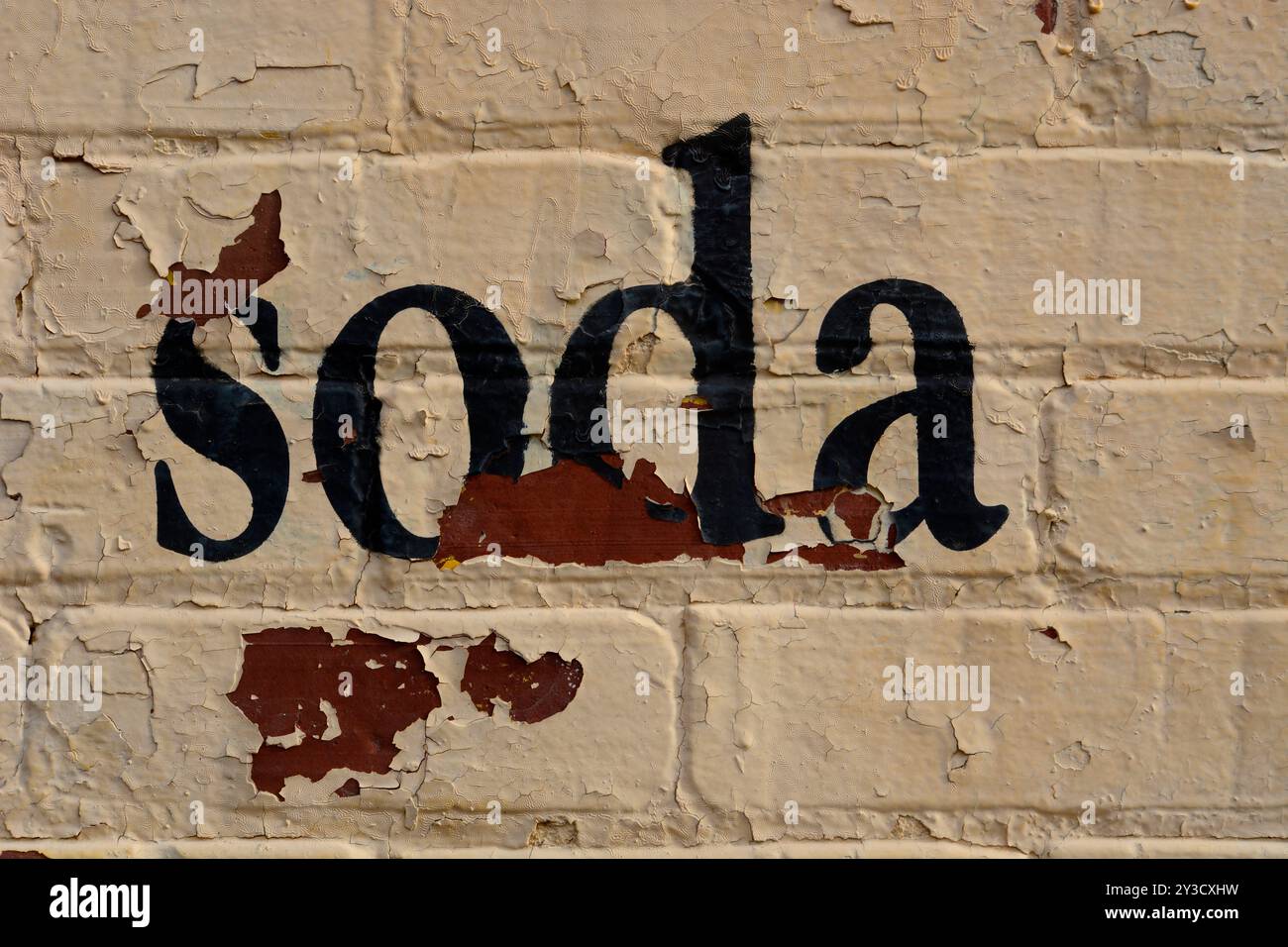 The word "soda" painted on the side of an historic soda shop in ...
