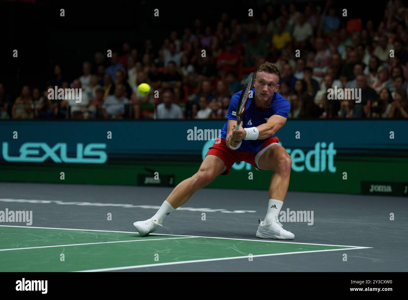 Jiri Lehecka of Czech Republic in action against Roberto Bautista Agut of Spain during the Davis ...