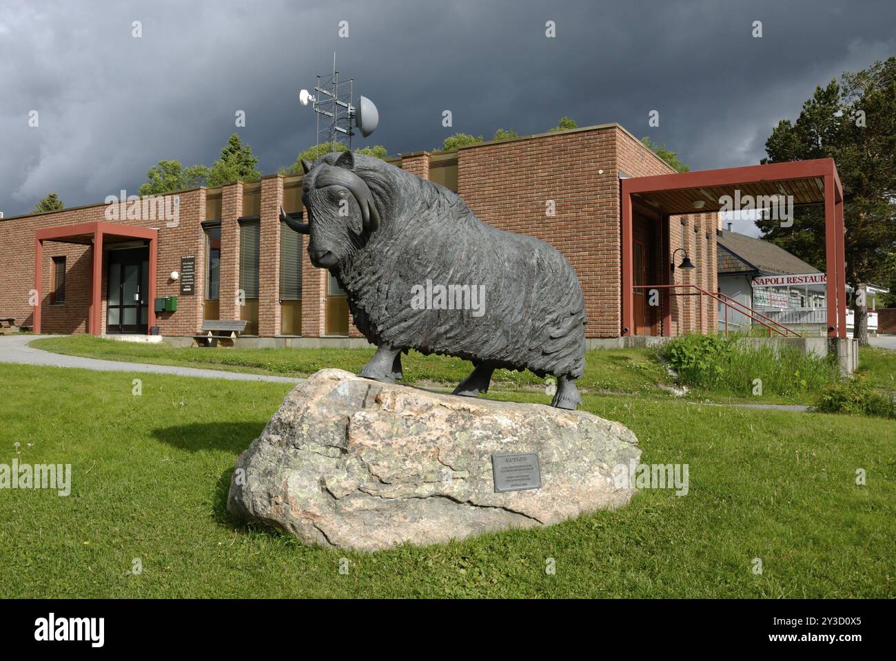 Sculpture of a musk ox in front of Dovre Fjellsenter, Dombas, Oppland ...