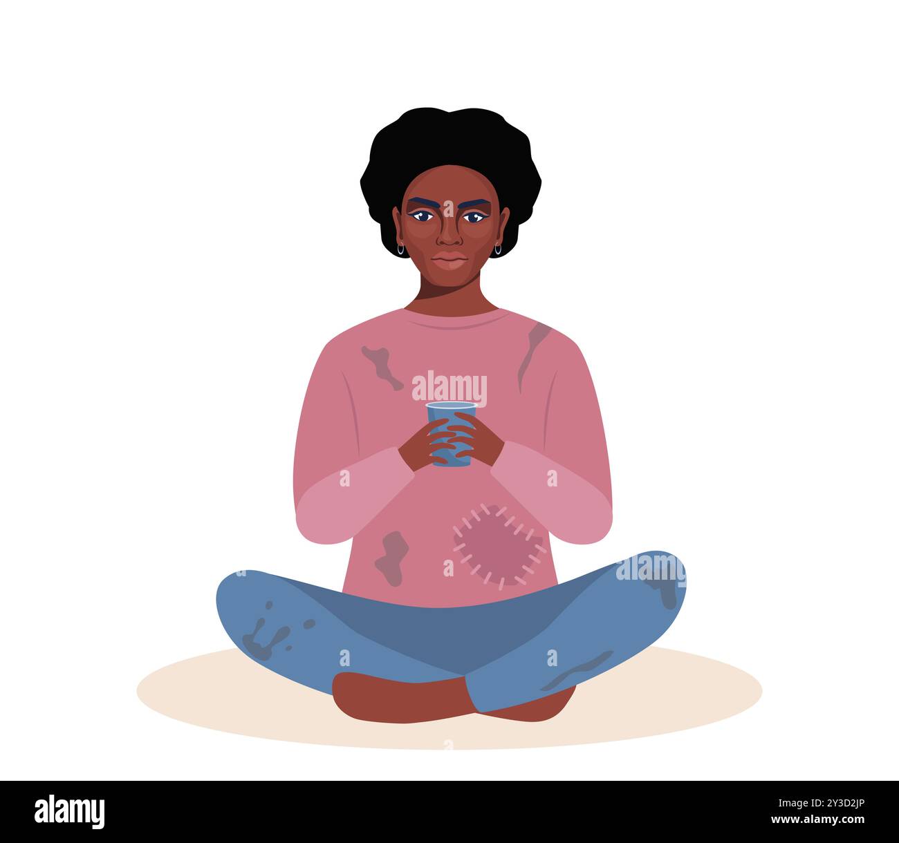 Homeless black woman. Bum in ragged clothes sitting on ground begging ...