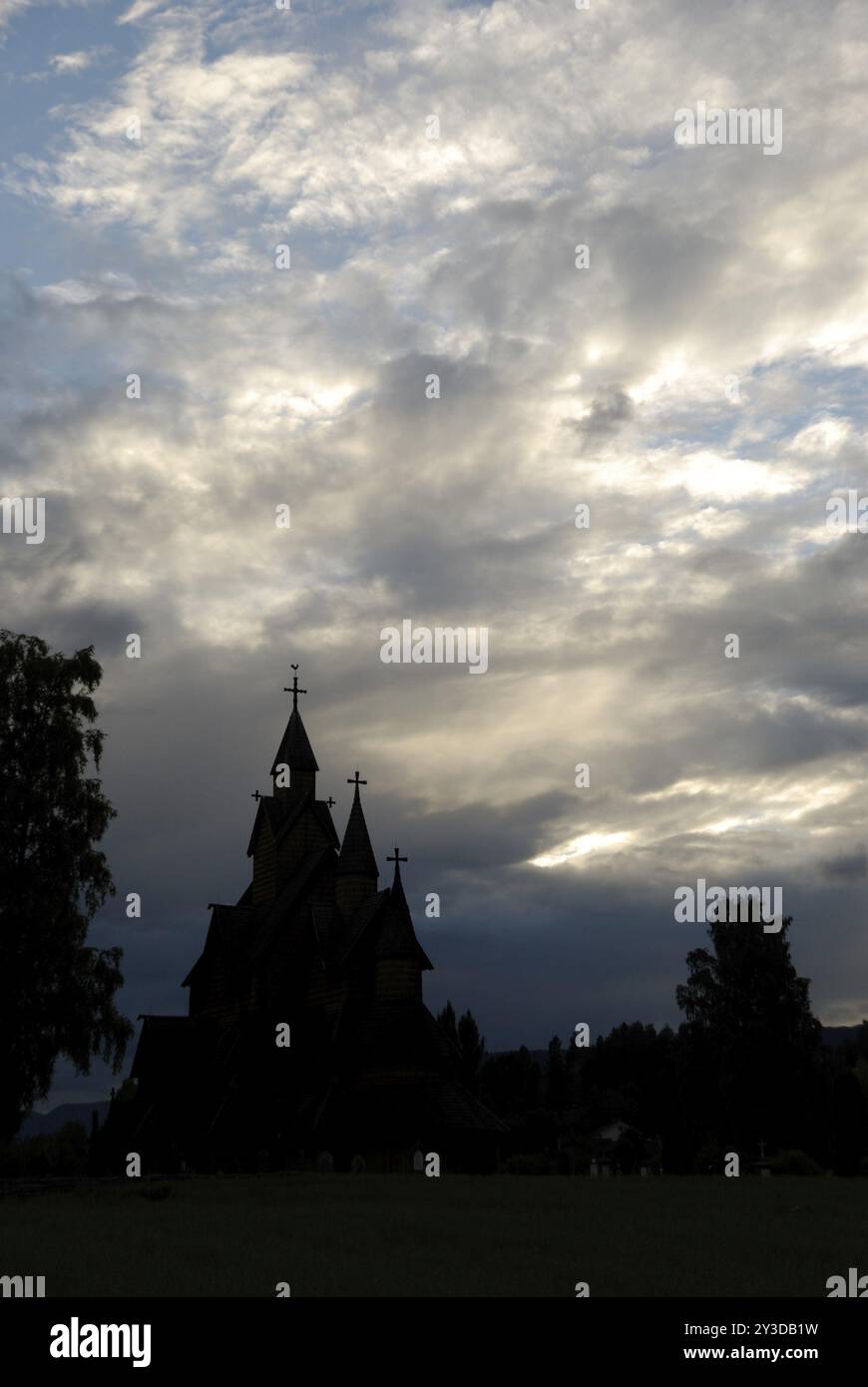 Silhouette of Heddal Stave Church, Notodden, Telemark, Norway, Europe ...