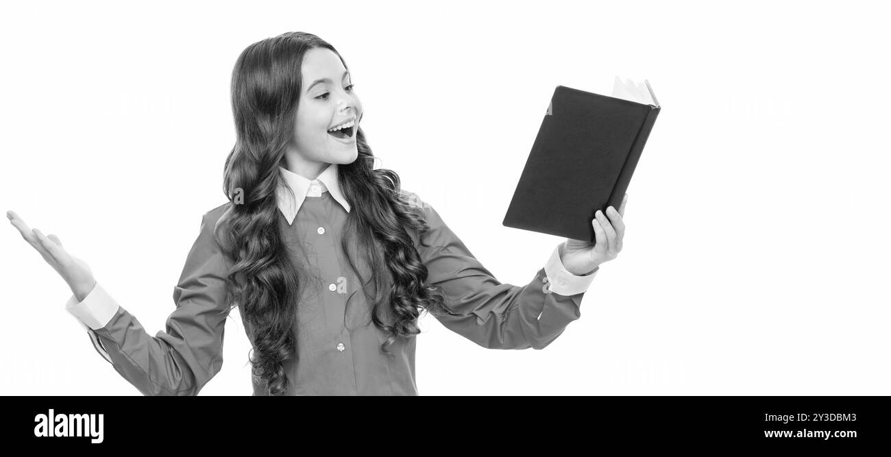 Happy child read school book aloud with expression isolated on white ...