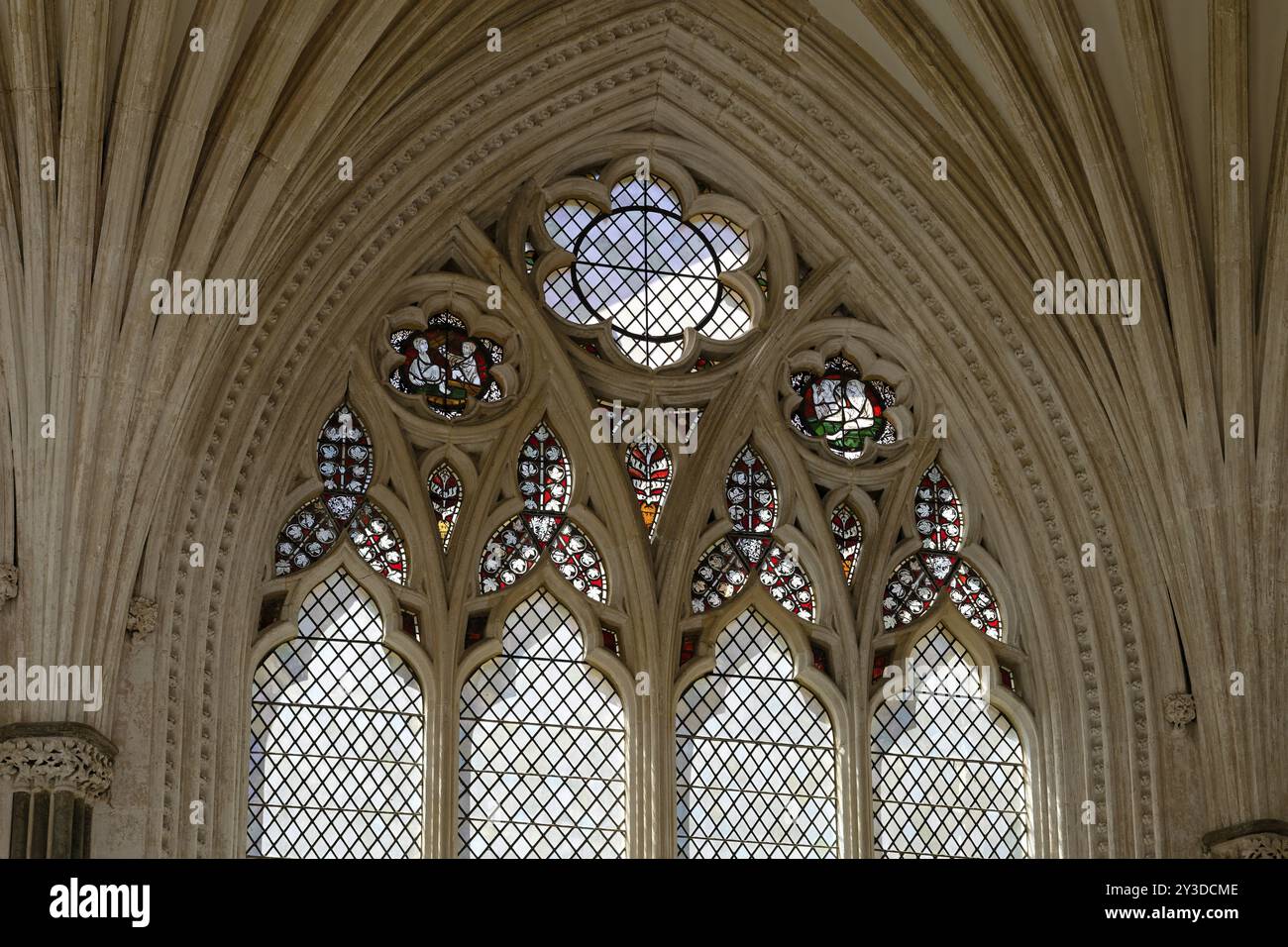 Interior view, stained glass window, Chapter House, Wells Cathedral ...