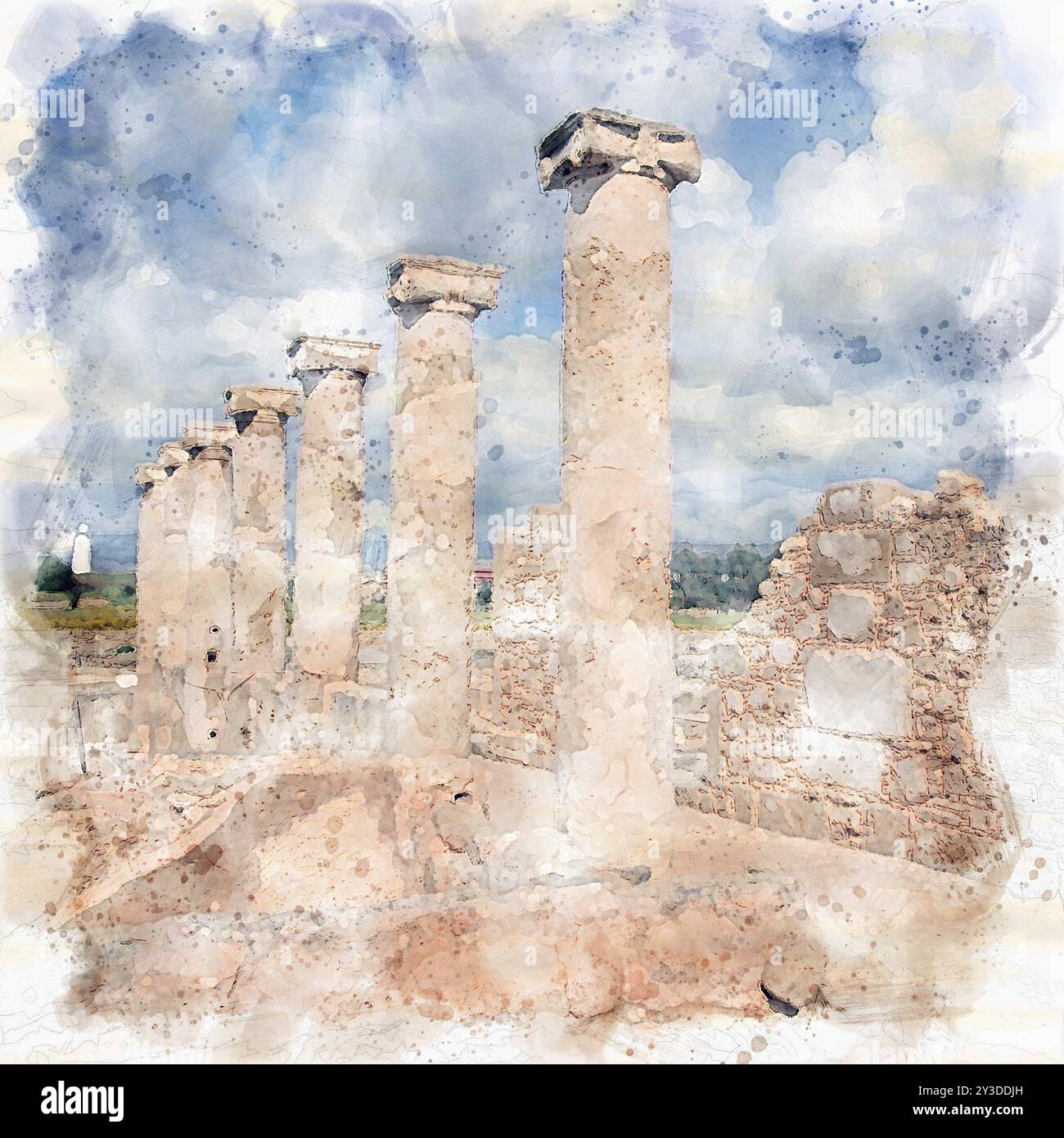 Watercolor painting of ruined walls and columns in the house of theseus ...