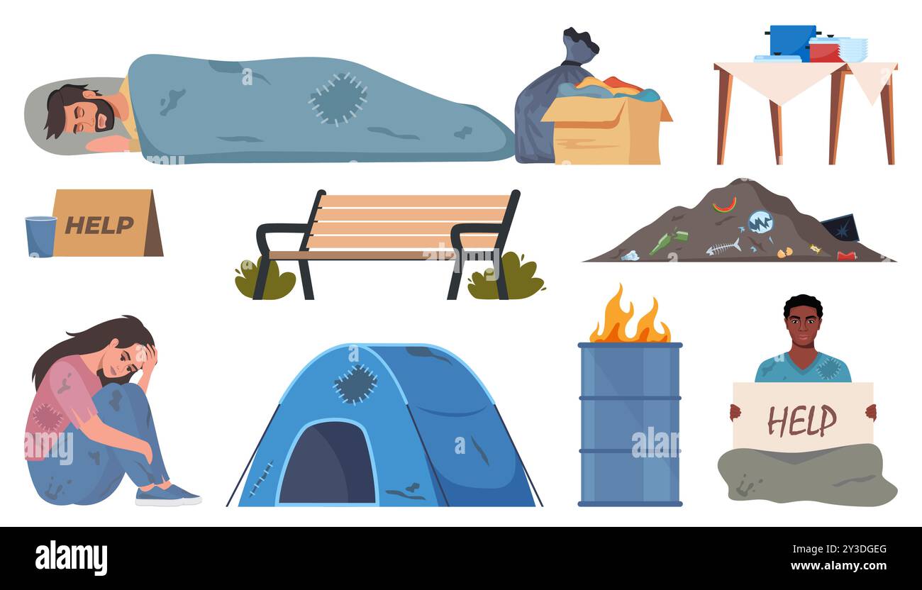 Homeless People live on the street, set of elements. Beggar character ...