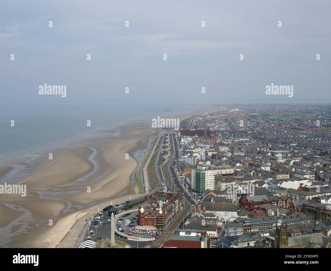 Aerial view of blackpool looking south showing the beach at low tide ...