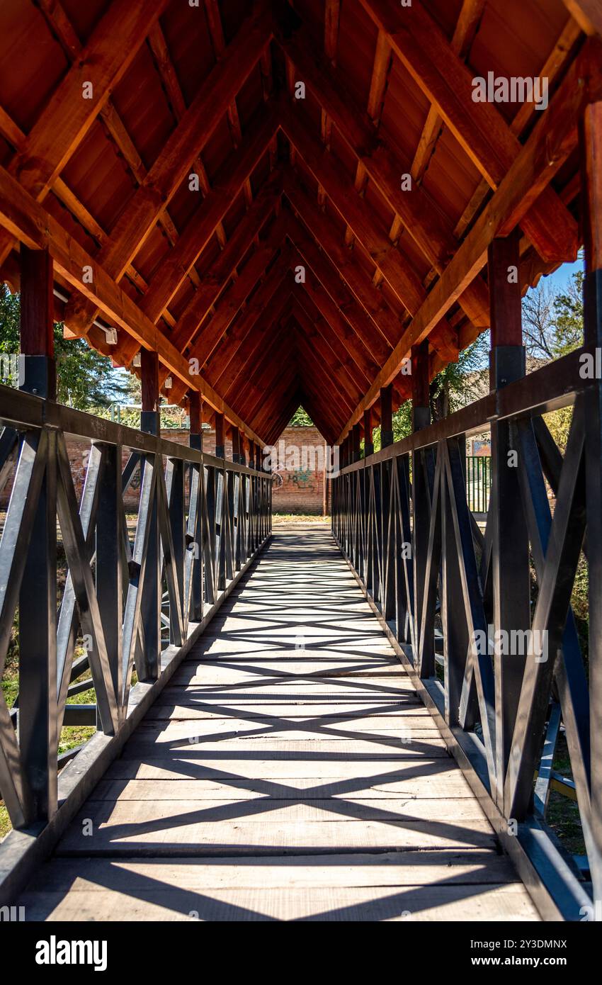 Perspective view through pedestrian bridge with wooden gable roof Stock ...
